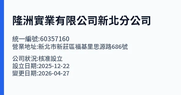 隆洲實業有限公司新北分公司的照片-統編 60357160(新北市) 公司登記資料與營業項目詳細圖表