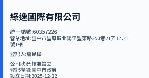 綠逸國際有限公司的照片-統編 60357226(臺中市) 公司登記資料與營業項目詳細圖表