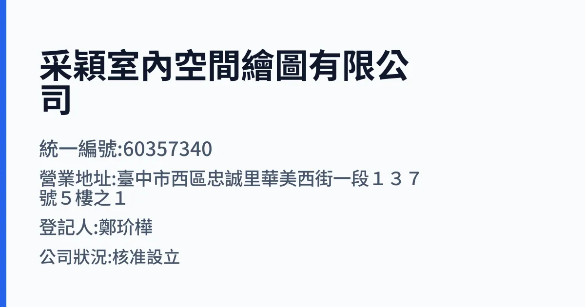 采穎室內空間繪圖有限公司 - 統編 60357340(臺中市) 公司登記資料與營業項目詳細圖表