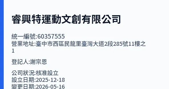 睿興特運動文創有限公司的照片-統編 60357555(臺中市) 公司登記資料與營業項目詳細圖表