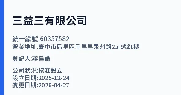 三益三有限公司的照片-統編 60357582(臺中市) 公司登記資料與營業項目詳細圖表