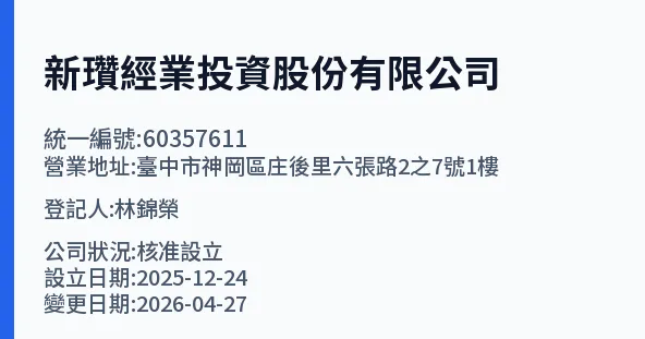 新瓚經業投資股份有限公司的照片-統編 60357611(臺中市) 公司登記資料與營業項目詳細圖表