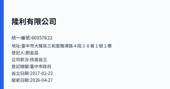 隆利有限公司的照片-統編 60357622(臺中市) 公司登記資料與營業項目詳細圖表