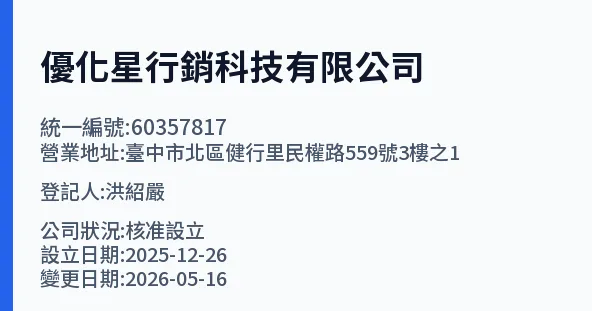 優化星行銷科技有限公司的照片-統編 60357817(臺中市) 公司登記資料與營業項目詳細圖表