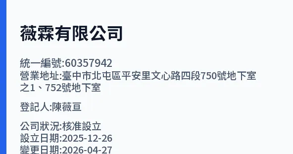 薇霖有限公司的照片-統編 60357942(臺中市) 公司登記資料與營業項目詳細圖表