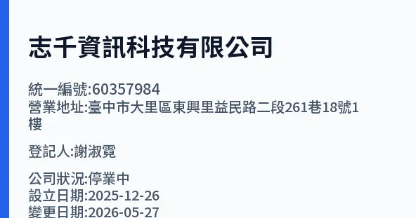 志千資訊科技有限公司的照片-統編 60357984(臺中市) 公司登記資料與營業項目詳細圖表