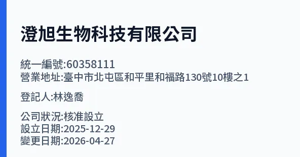 澄旭生物科技有限公司的照片-統編 60358111(臺中市) 公司登記資料與營業項目詳細圖表