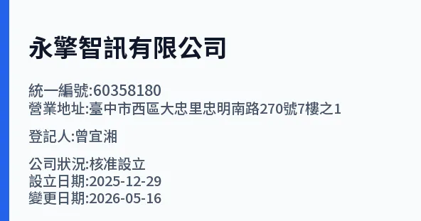 永擎智訊有限公司的照片-統編 60358180(臺中市) 公司登記資料與營業項目詳細圖表