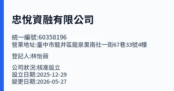 忠悅資融有限公司的照片-統編 60358196(臺中市) 公司登記資料與營業項目詳細圖表