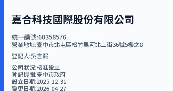 嘉合科技國際股份有限公司的照片-統編 60358576(臺中市) 公司登記資料與營業項目詳細圖表