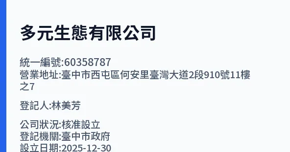 多元生態有限公司的照片-統編 60358787(臺中市) 公司登記資料與營業項目詳細圖表