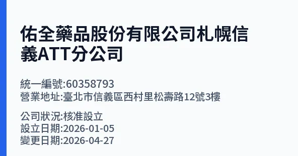 佑全藥品股份有限公司札幌信義ATT分公司的照片-統編 60358793(臺北市) 公司登記資料與營業項目詳細圖表