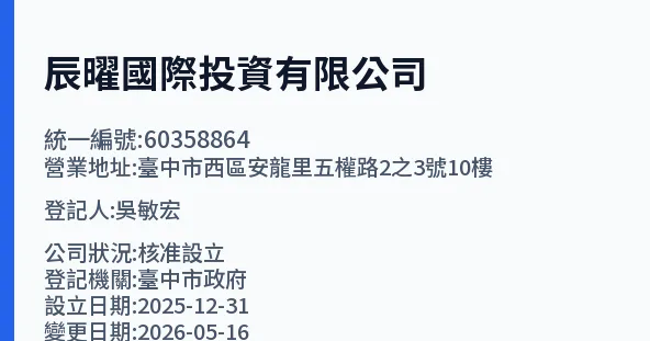 辰曜國際投資有限公司的照片-統編 60358864(臺中市) 公司登記資料與營業項目詳細圖表