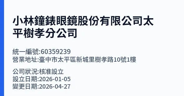 小林鐘錶眼鏡股份有限公司太平樹孝分公司的照片-統編 60359239(臺中市) 公司登記資料與營業項目詳細圖表