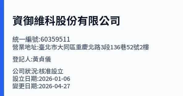 資御維科股份有限公司的照片-統編 60359511(臺北市) 公司登記資料與營業項目詳細圖表