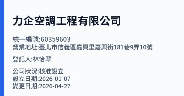 力企空調工程有限公司的照片-統編 60359603(臺北市) 公司登記資料與營業項目詳細圖表
