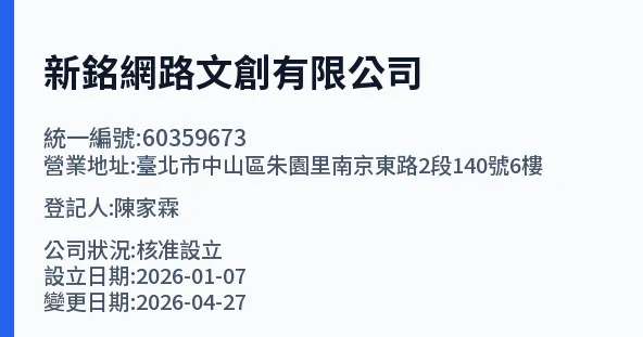 新銘網路文創有限公司的照片-統編 60359673(臺北市) 公司登記資料與營業項目詳細圖表