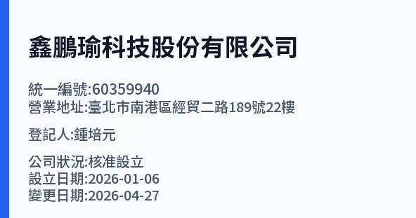 鑫鵬瑜科技股份有限公司的照片-統編 60359940(臺北市) 公司登記資料與營業項目詳細圖表