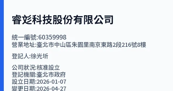 睿彣科技股份有限公司的照片-統編 60359998(臺北市) 公司登記資料與營業項目詳細圖表