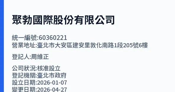 聚勃國際股份有限公司的照片-統編 60360221(臺北市) 公司登記資料與營業項目詳細圖表