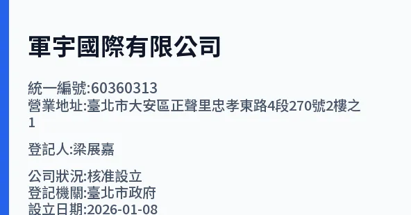軍宇國際有限公司的照片-統編 60360313(臺北市) 公司登記資料與營業項目詳細圖表