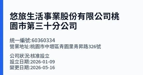 悠旅生活事業股份有限公司桃園市第三十分公司的照片-統編 60360334(桃園市) 公司登記資料與營業項目詳細圖表