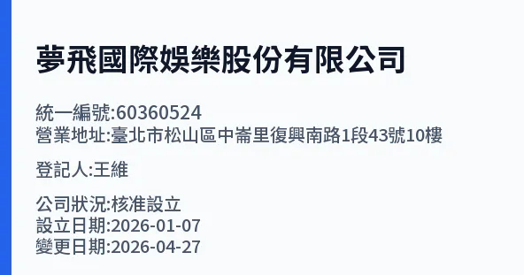 夢飛國際娛樂股份有限公司的照片-統編 60360524(臺北市) 公司登記資料與營業項目詳細圖表