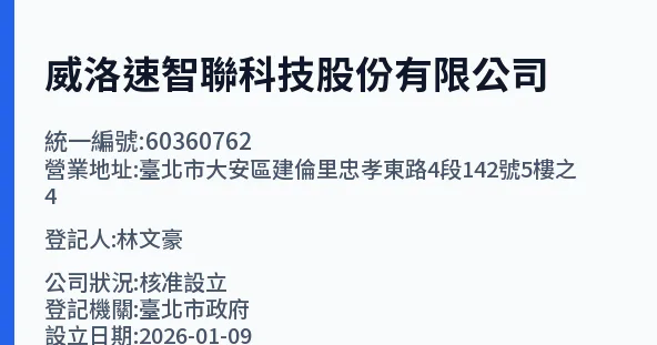威洛速智聯科技股份有限公司的照片-統編 60360762(臺北市) 公司登記資料與營業項目詳細圖表