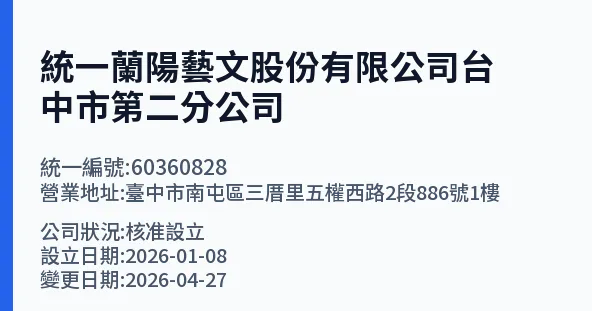 統一蘭陽藝文股份有限公司台中市第二分公司的照片-統編 60360828(臺中市) 公司登記資料與營業項目詳細圖表