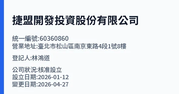 捷盟開發投資股份有限公司的照片-統編 60360860(臺北市) 公司登記資料與營業項目詳細圖表