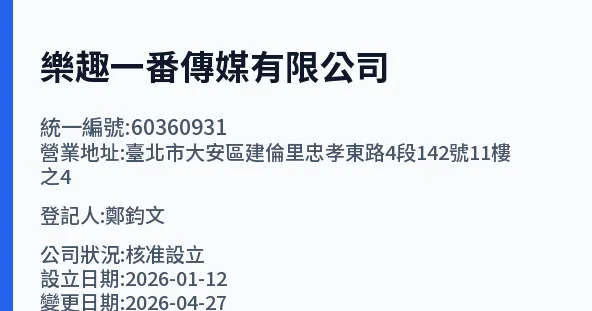 樂趣一番傳媒有限公司的照片-統編 60360931(臺北市) 公司登記資料與營業項目詳細圖表