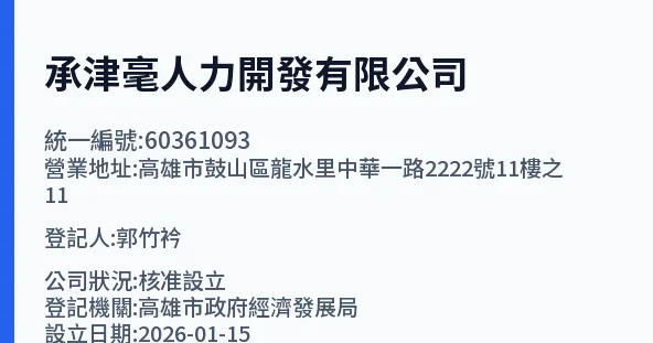 承津毫人力開發有限公司的照片-統編 60361093(高雄市) 公司登記資料與營業項目詳細圖表