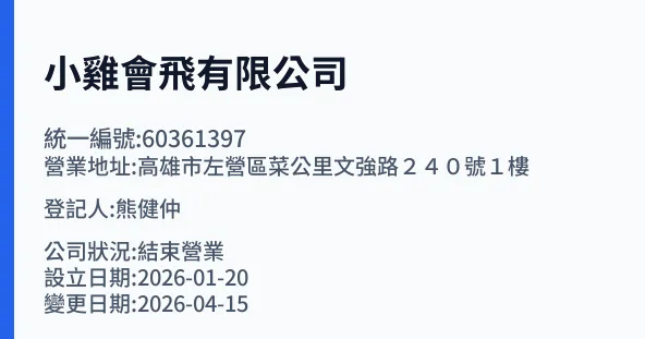 小雞會飛有限公司 - 統編 60361397(高雄市) 公司登記資料與營業項目詳細圖表