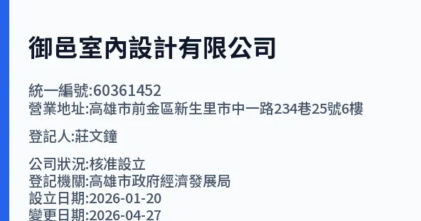御邑室內設計有限公司的照片-統編 60361452(高雄市) 公司登記資料與營業項目詳細圖表