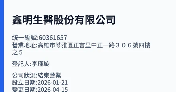 鑫明生醫股份有限公司的照片-統編 60361657(高雄市) 公司登記資料與營業項目詳細圖表