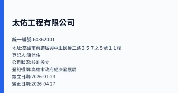 太佑工程有限公司的照片-統編 60362001(高雄市) 公司登記資料與營業項目詳細圖表