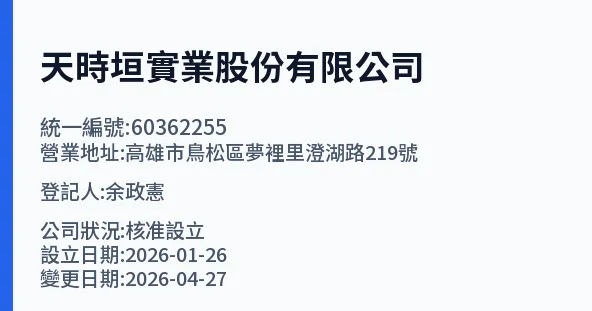 天時垣實業股份有限公司的照片-統編 60362255(高雄市) 公司登記資料與營業項目詳細圖表