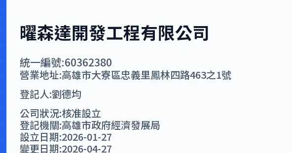 曜森達開發工程有限公司的照片-統編 60362380(高雄市) 公司登記資料與營業項目詳細圖表