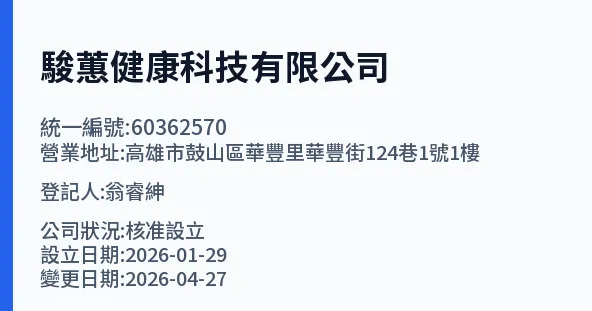 駿蕙健康科技有限公司的照片-統編 60362570(高雄市) 公司登記資料與營業項目詳細圖表