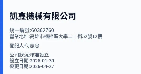 凱鑫機械有限公司的照片-統編 60362760(高雄市) 公司登記資料與營業項目詳細圖表