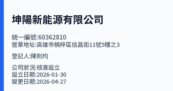 坤陽新能源有限公司的照片-統編 60362810(高雄市) 公司登記資料與營業項目詳細圖表