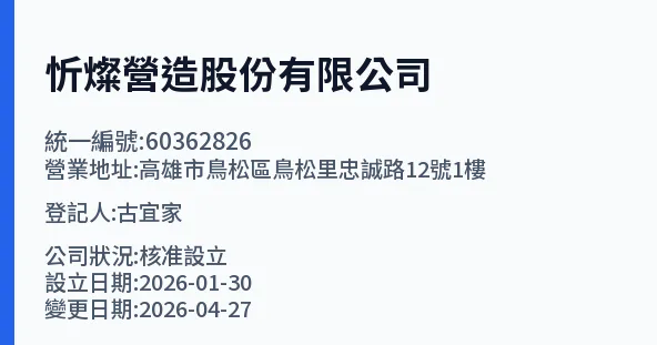 忻燦營造股份有限公司的照片-統編 60362826(高雄市) 公司登記資料與營業項目詳細圖表