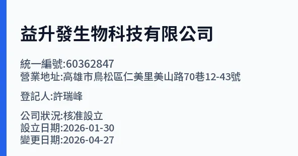 益升發生物科技有限公司的照片-統編 60362847(高雄市) 公司登記資料與營業項目詳細圖表