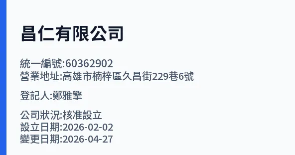 昌仁有限公司的照片-統編 60362902(高雄市) 公司登記資料與營業項目詳細圖表