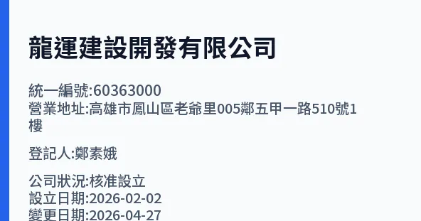 龍運建設開發有限公司的照片-統編 60363000(高雄市) 公司登記資料與營業項目詳細圖表