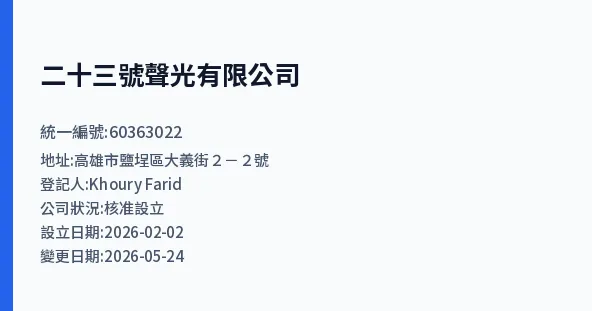 二十三號聲光有限公司的照片-統編 60363022(高雄市) 公司登記資料與營業項目詳細圖表