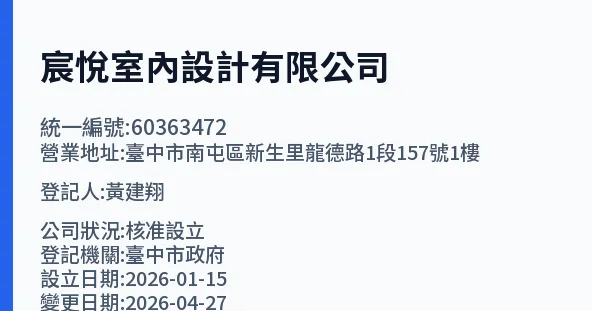 宸悅室內設計有限公司的照片-統編 60363472(臺中市) 公司登記資料與營業項目詳細圖表