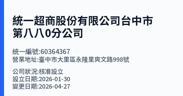 統一超商股份有限公司台中市第八八0分公司的照片-統編 60364367(臺中市) 公司登記資料與營業項目詳細圖表