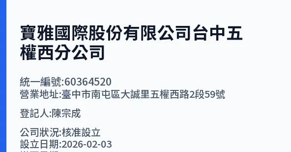 寶雅國際股份有限公司台中五權西分公司的照片-統編 60364520(臺中市) 公司登記資料與營業項目詳細圖表