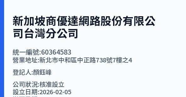 新加坡商優達網路股份有限公司台灣分公司的照片-統編 60364583(新北市) 公司登記資料與營業項目詳細圖表